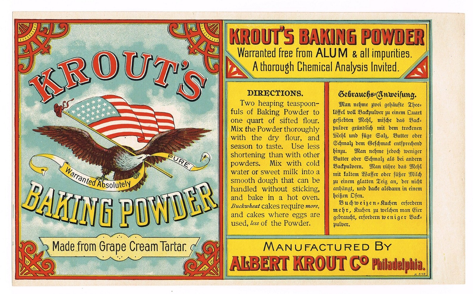 Original Vintage Tin Can Label C1910 Krouts Baking Powder Baker Bakery ...
