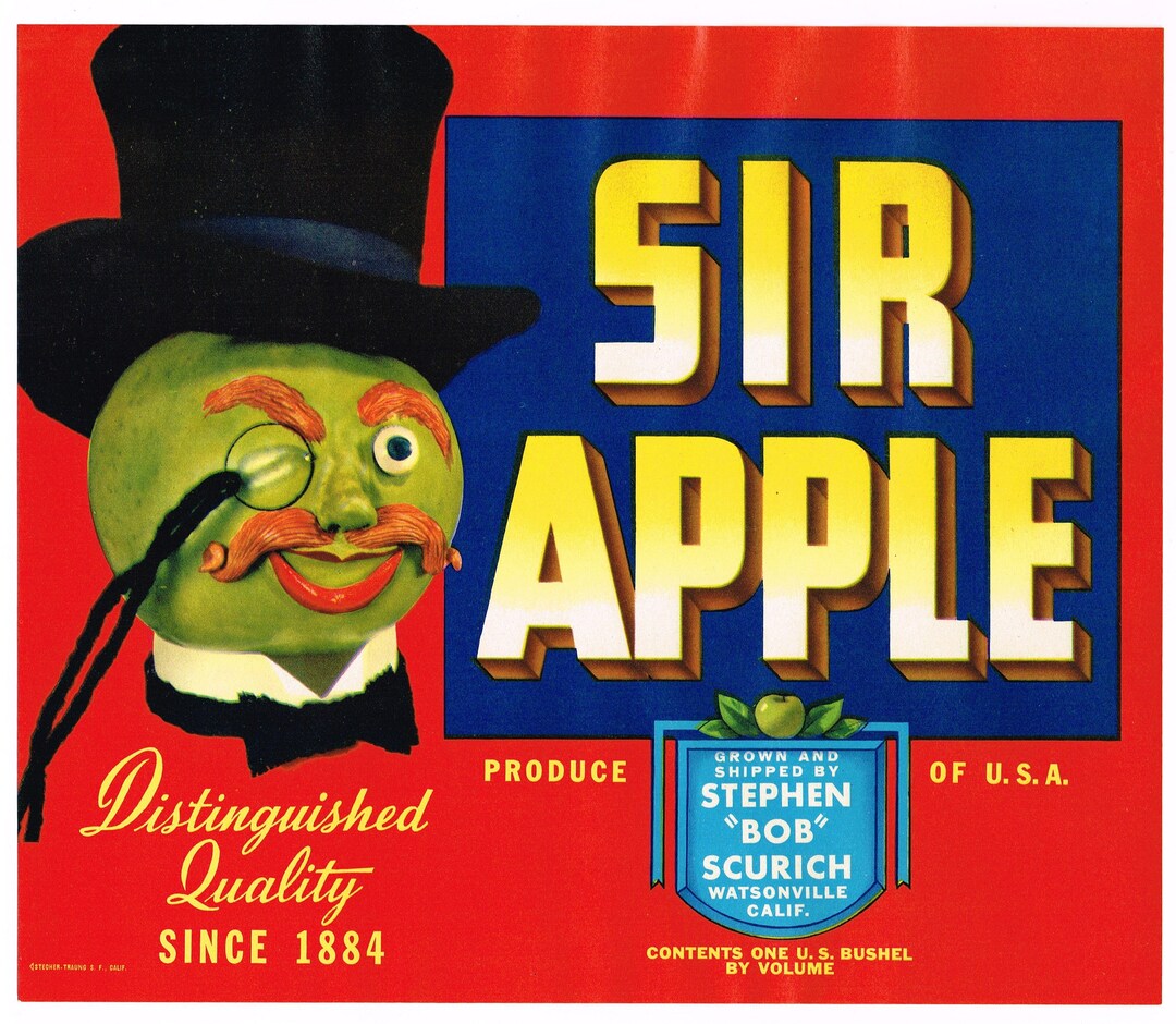 Original Vintage Apple Crate Label 1950s Sir Apple Anthropomorphic ...