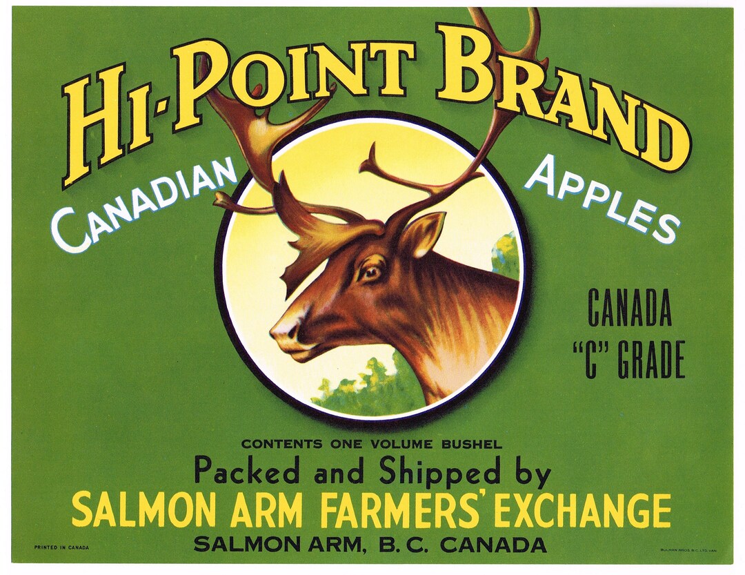 Original Vintage Apple Crate Label 1950s Hi Point Salmon Arm British ...