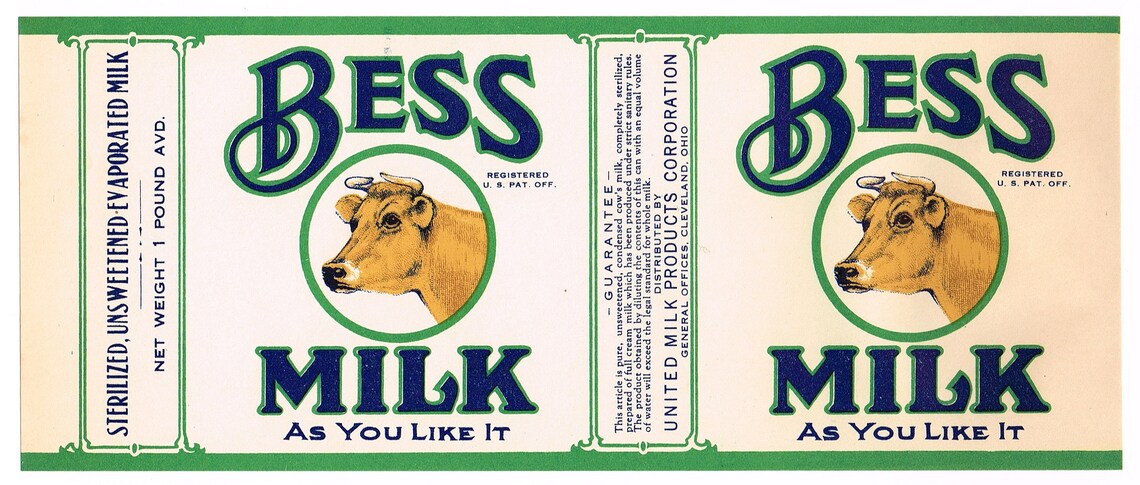 Original Antique Vintage Tin Can Label 1920s Bess Milk | Etsy