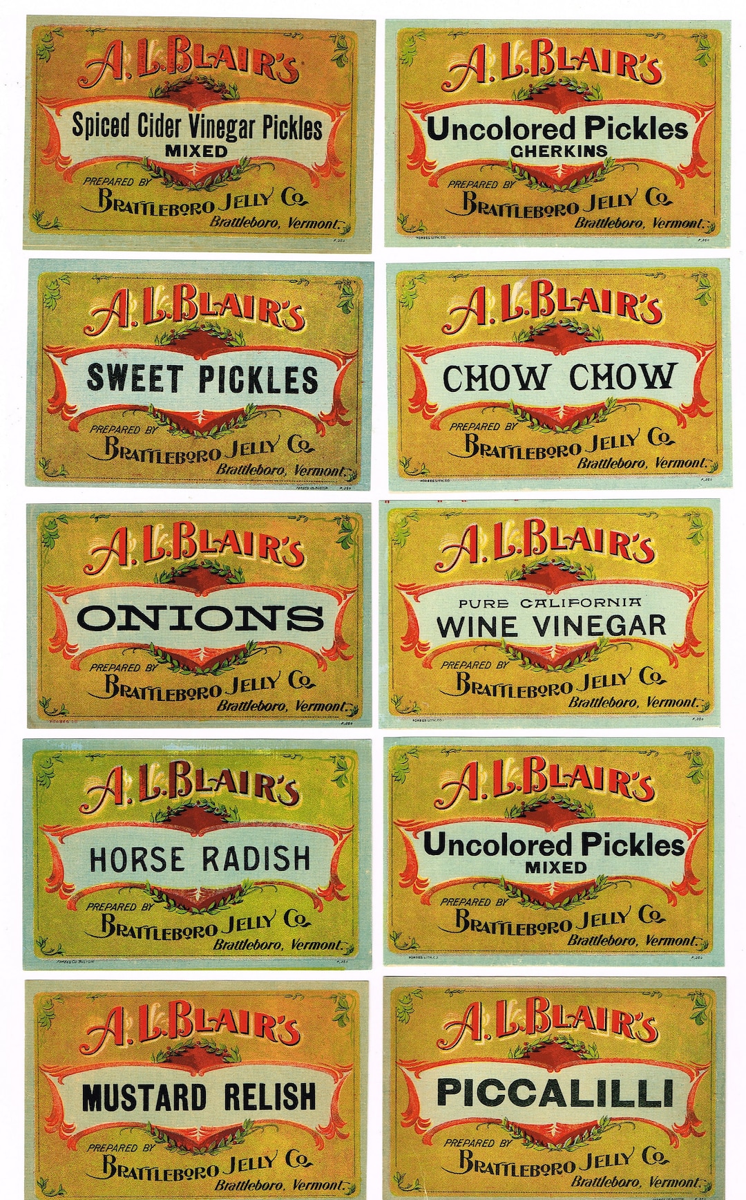 10 Different Original Vintage Bottle Labels C1900 Brattleboro Jelly ...