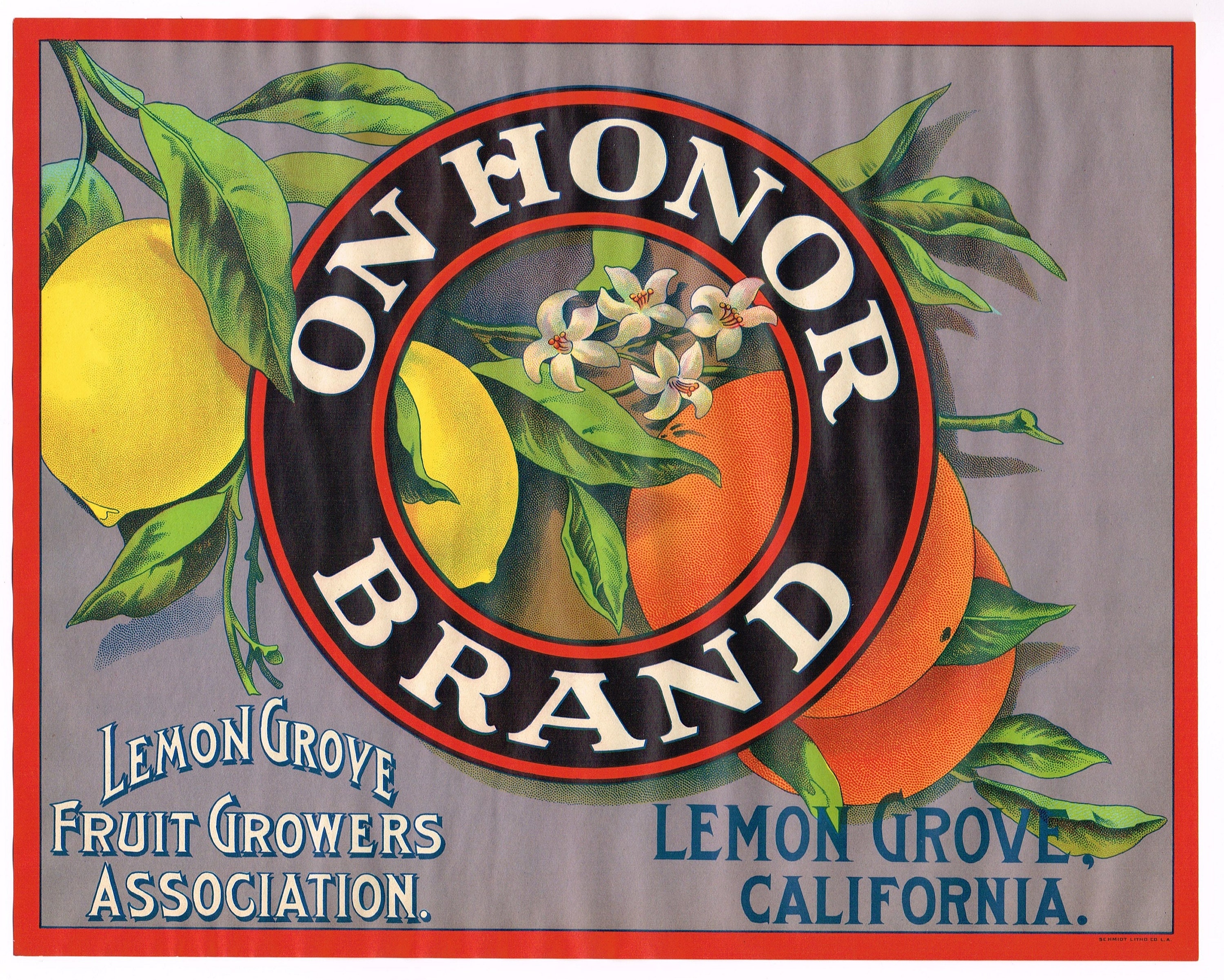 Original Vintage Lemon Crate Label C1910 on Honor Brand Lemon Grove San ...
