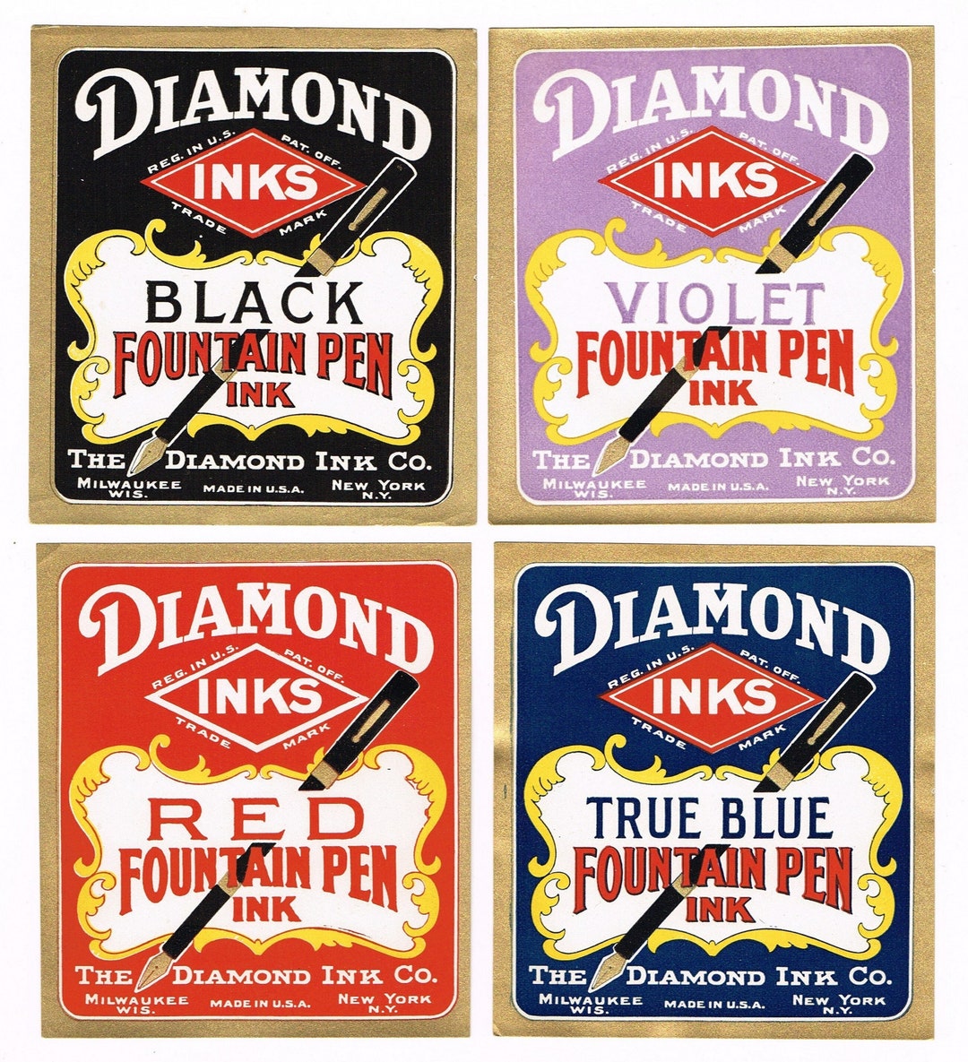 4 Different Original Vintage Bottle Labels C1920s Diamond Inks Fountain ...