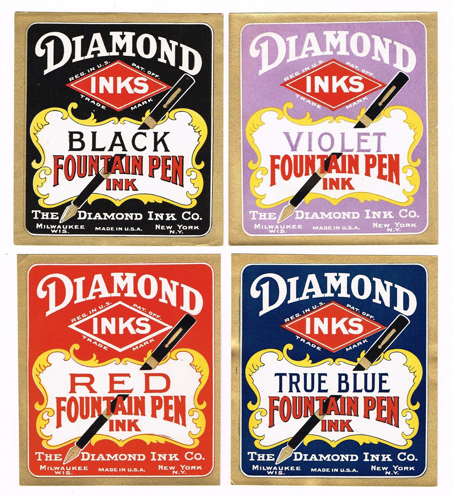 4 Different Original Vintage Bottle Labels C1920s Diamond Inks Fountain ...