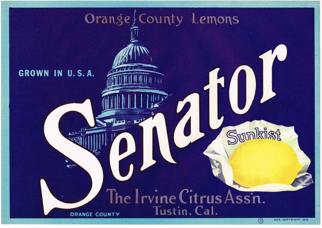 Original Vintage Lemon Crate Label 1930s Senator Brand Capitol Building ...