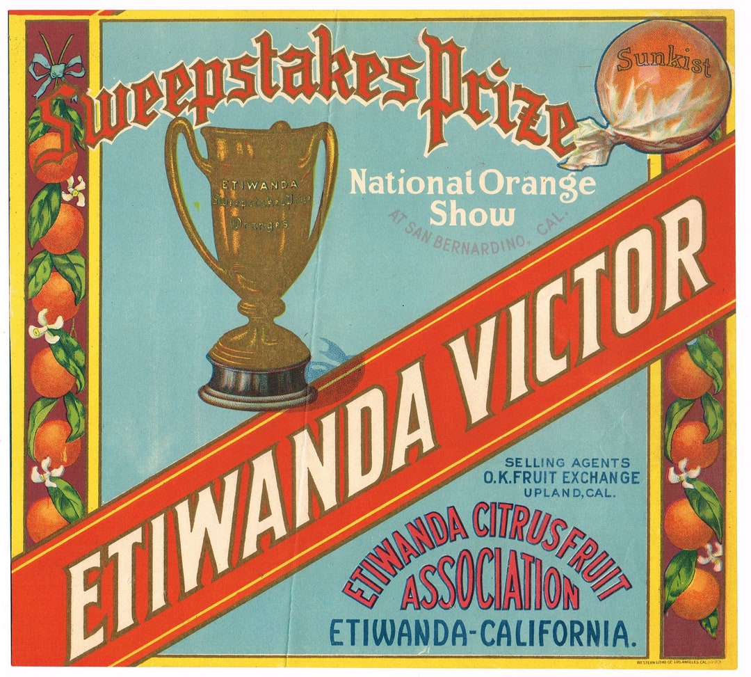 Original Vintage Citrus Crate Label 1923 Upland Etiwanda Victor ...