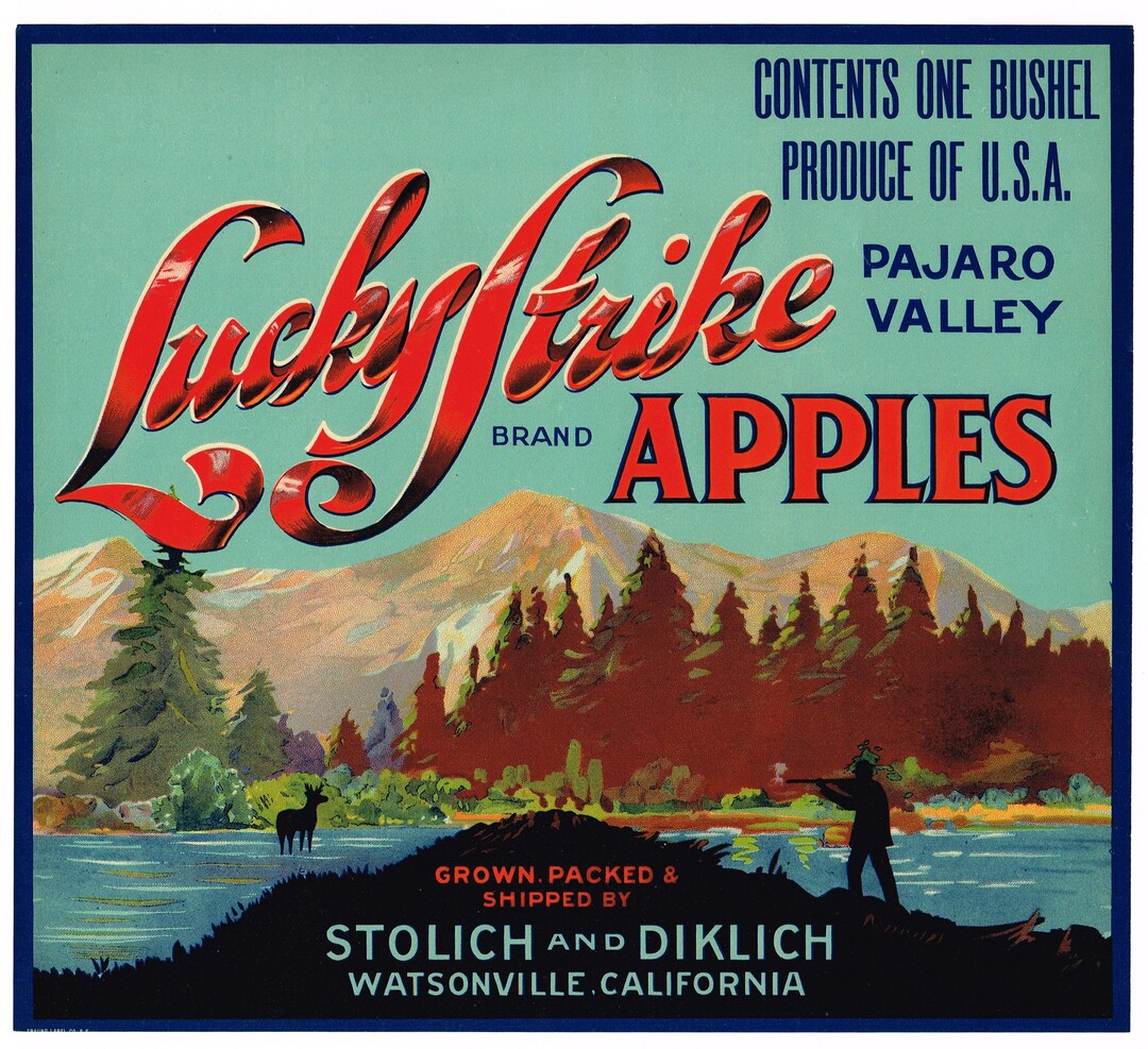 Original Vintage Apple Crate Label 1930s Lucky Strike Deer Hunting ...