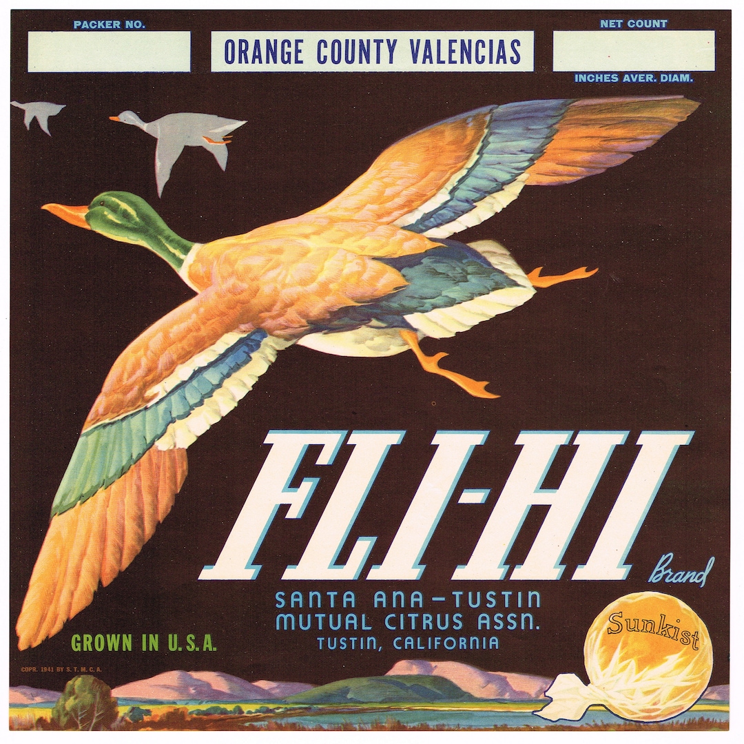 Original Vintage Citrus Crate Label 1930s Fli-hi Mallard Duck in Flight ...