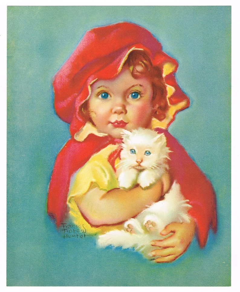 Original Vintage Calendar Print 1930s Little Girl With Kitten Blue Eyes ...