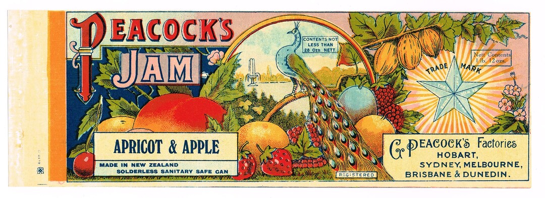 Original Vintage Tin Can Label C1910 Peacock Jam Apricot Apple ...