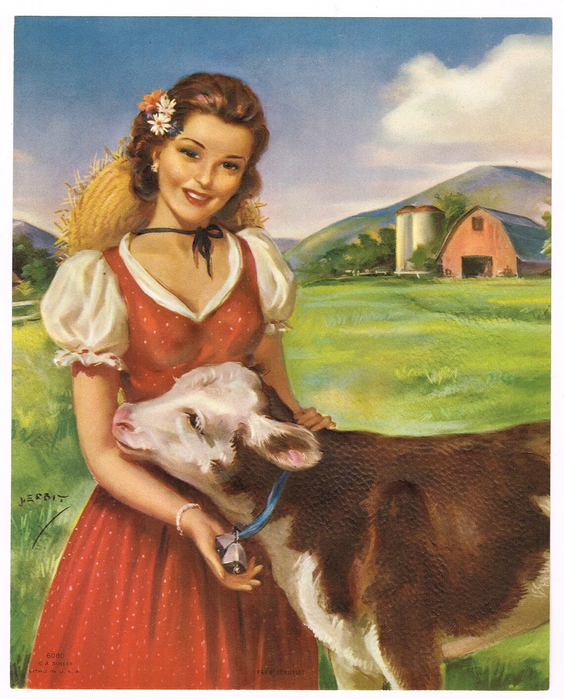 Original Vintage Calendar Print 1940s Jules Erbit Embossed Farmers ...