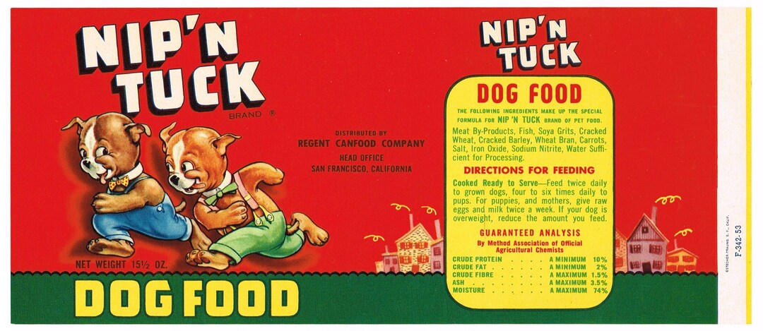 Original Vintage Tin Can Label 1953 Dog Cat Food Cartoon Pups Nip N ...