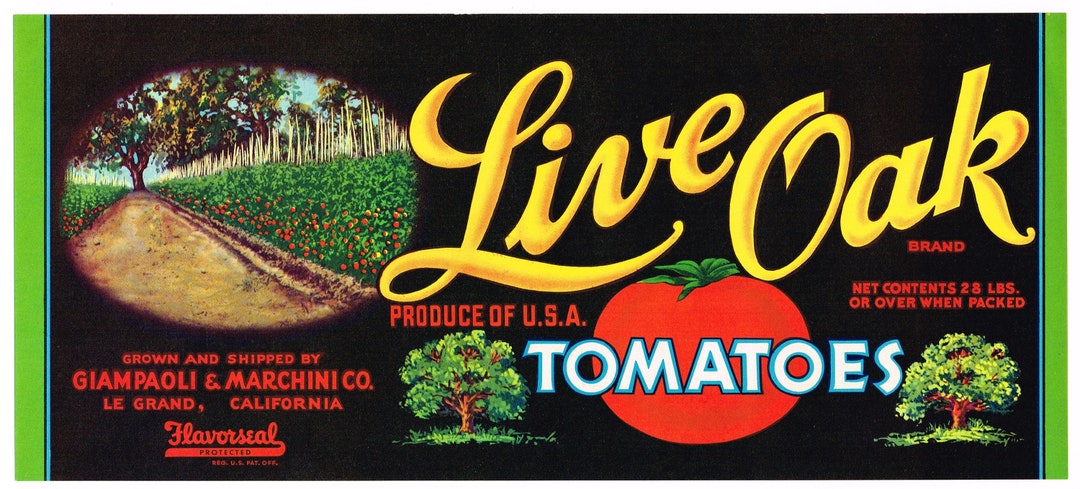Original Vintage Tomato Crate Label 1950s Live Oak Tree Orchard Le ...