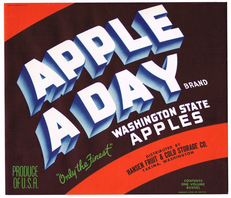 Original Vintage Apple Crate Label 1950s Apple A Day Yakima Washington ...