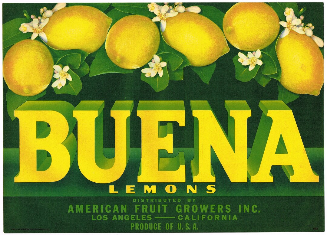 Original Lemon Crate Label Los Angeles California 1930s Vintage Buena ...