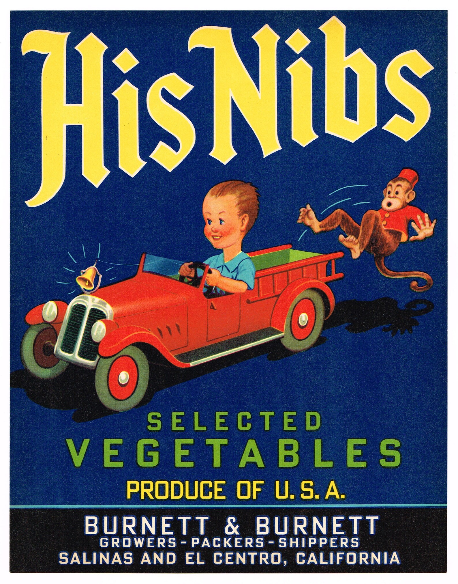 Original Vintage Vegetable Crate Label 1950s His Nibs Salinas El Centro ...