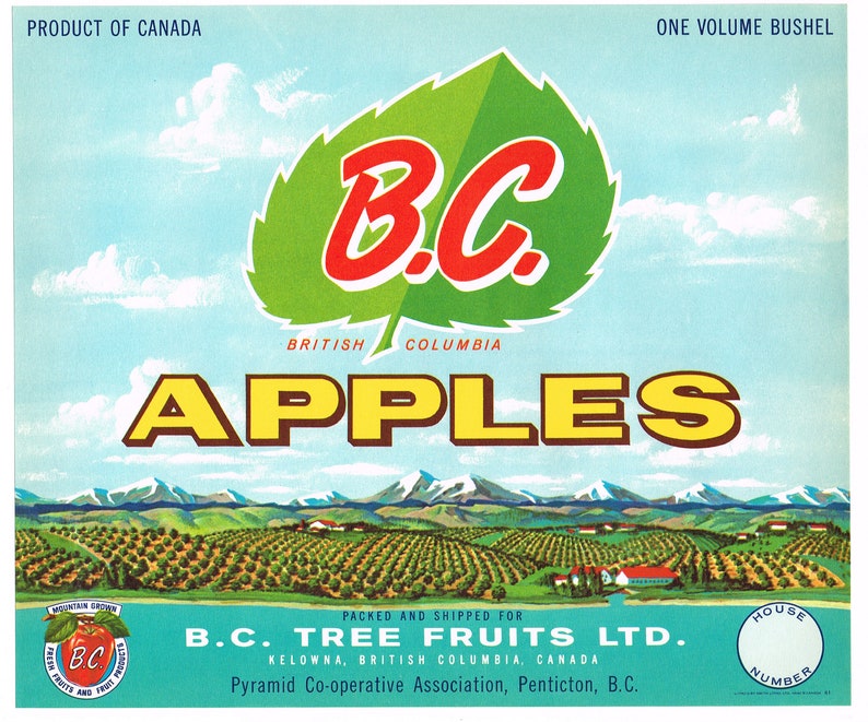 Original Vintage Apple Crate Label 1950s B.C. Brand Kelowna British ...