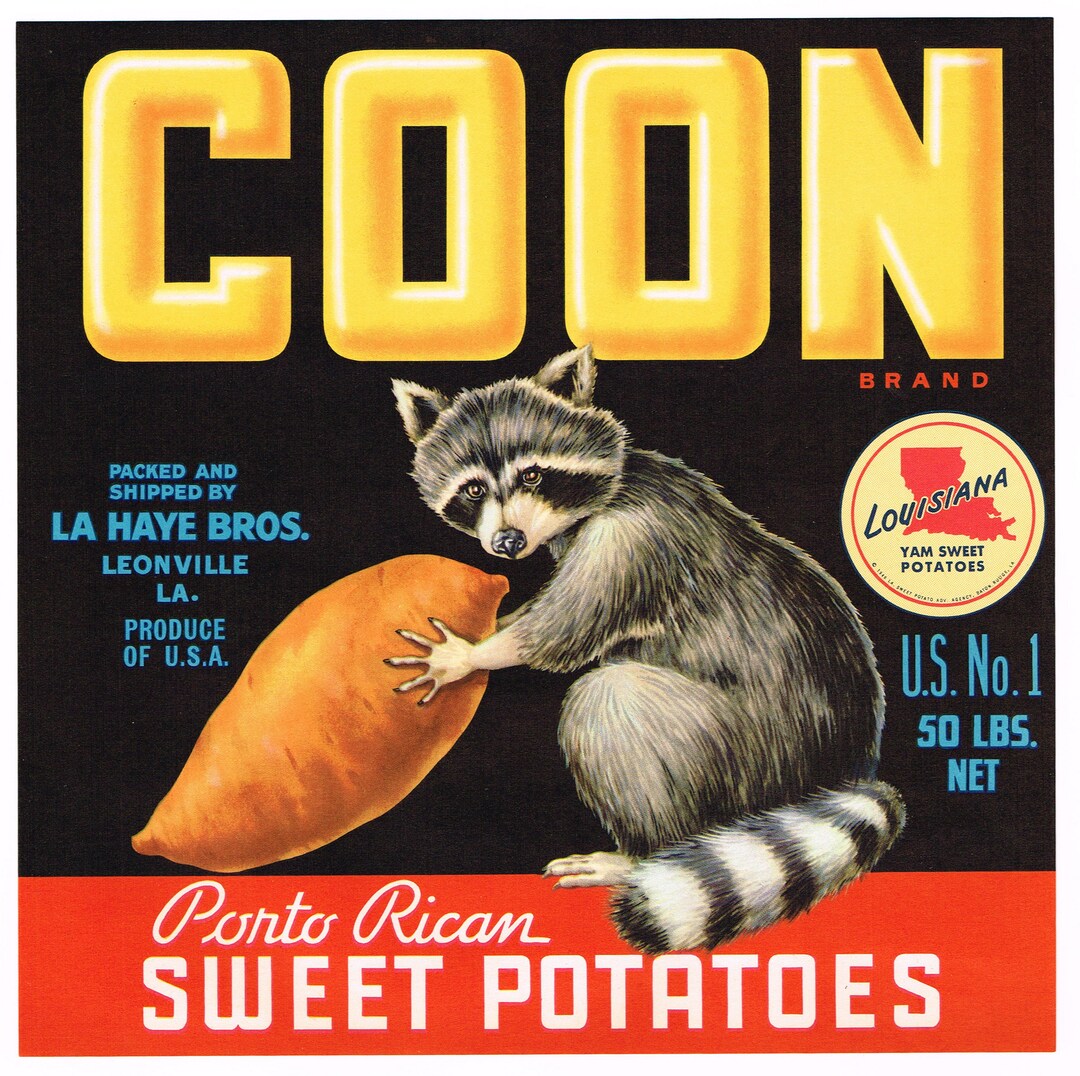 Original Vintage Yam Crate Label 1950s Coon Raccoon Leonville Louisiana ...