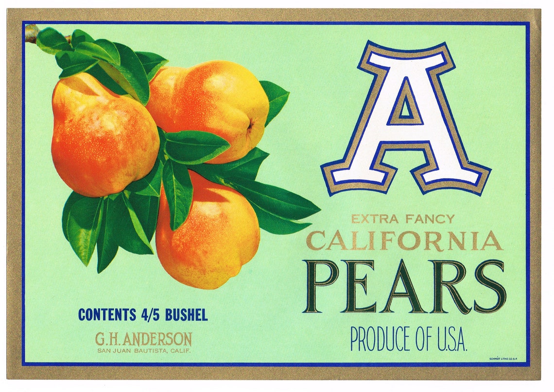 Original Vintage Pear Crate Label 1940s Monogram "a" Brand San Juan ...