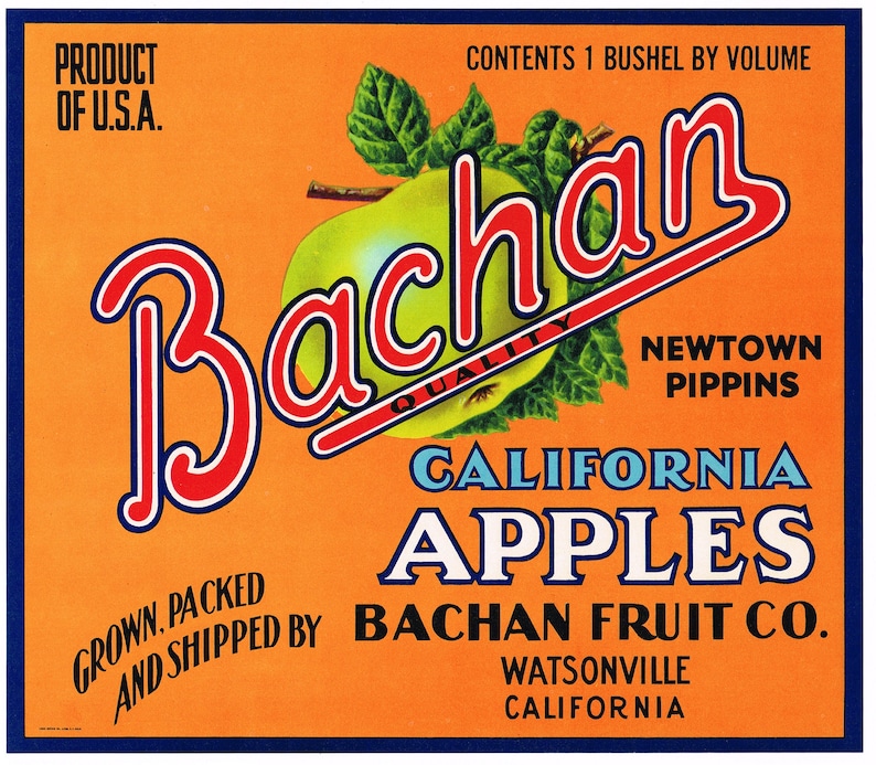 Original Vintage Apple Crate Label 1940s Bachan Newton Pippiins ...