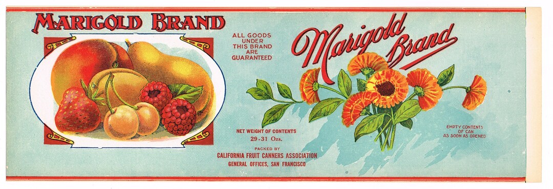 Original Vintage Tin Can Label C1910 Marigold Brand Mixed Fruits ...