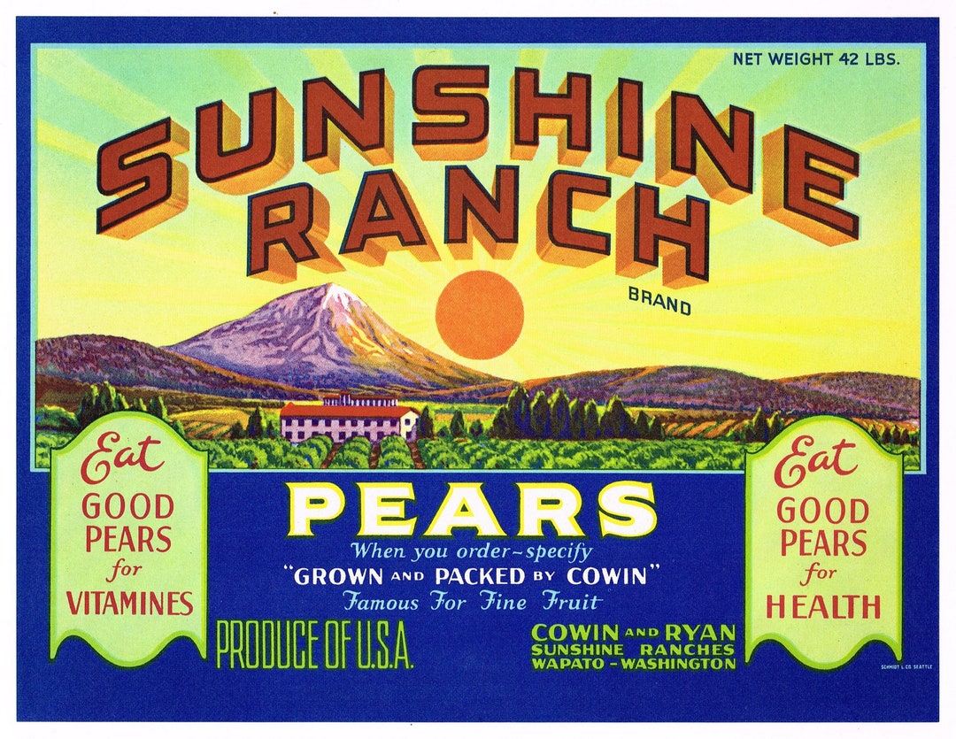 Original Vintage Pear Crate Label 1940s Sunshine Ranch Homestead ...