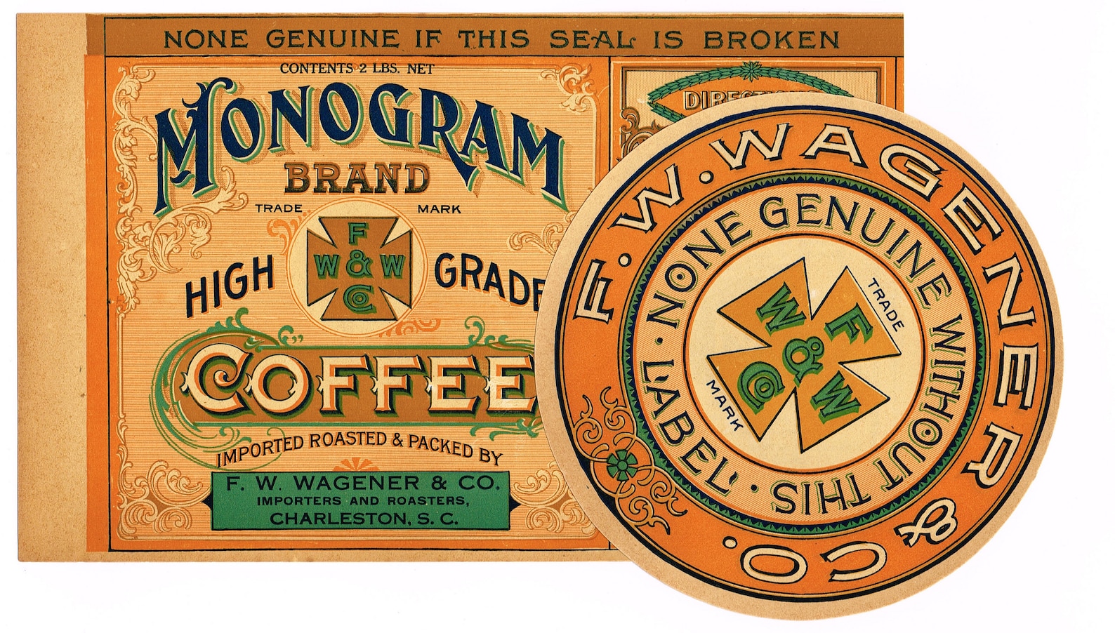 2 Original vintage Tin Can label 1920s Monogram coffee | Etsy