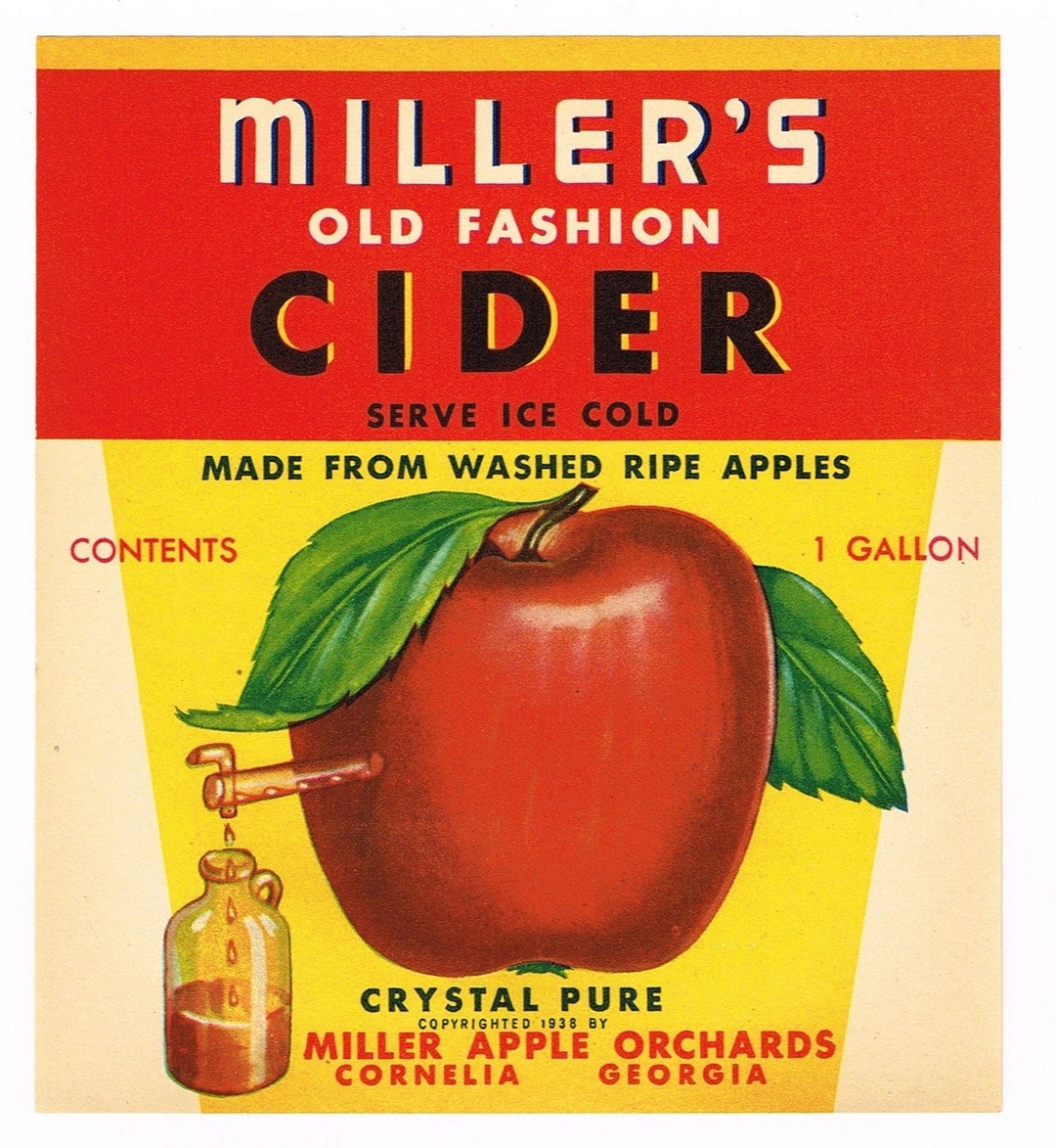 Original Vintage Apple Cider Bottle Label 1930s Millers Old Fashion ...