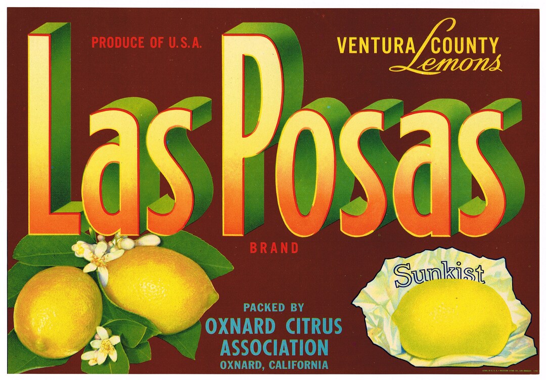 Original Vintage Lemon Crate Label 1940s Las Posas Oxnard Ventura ...