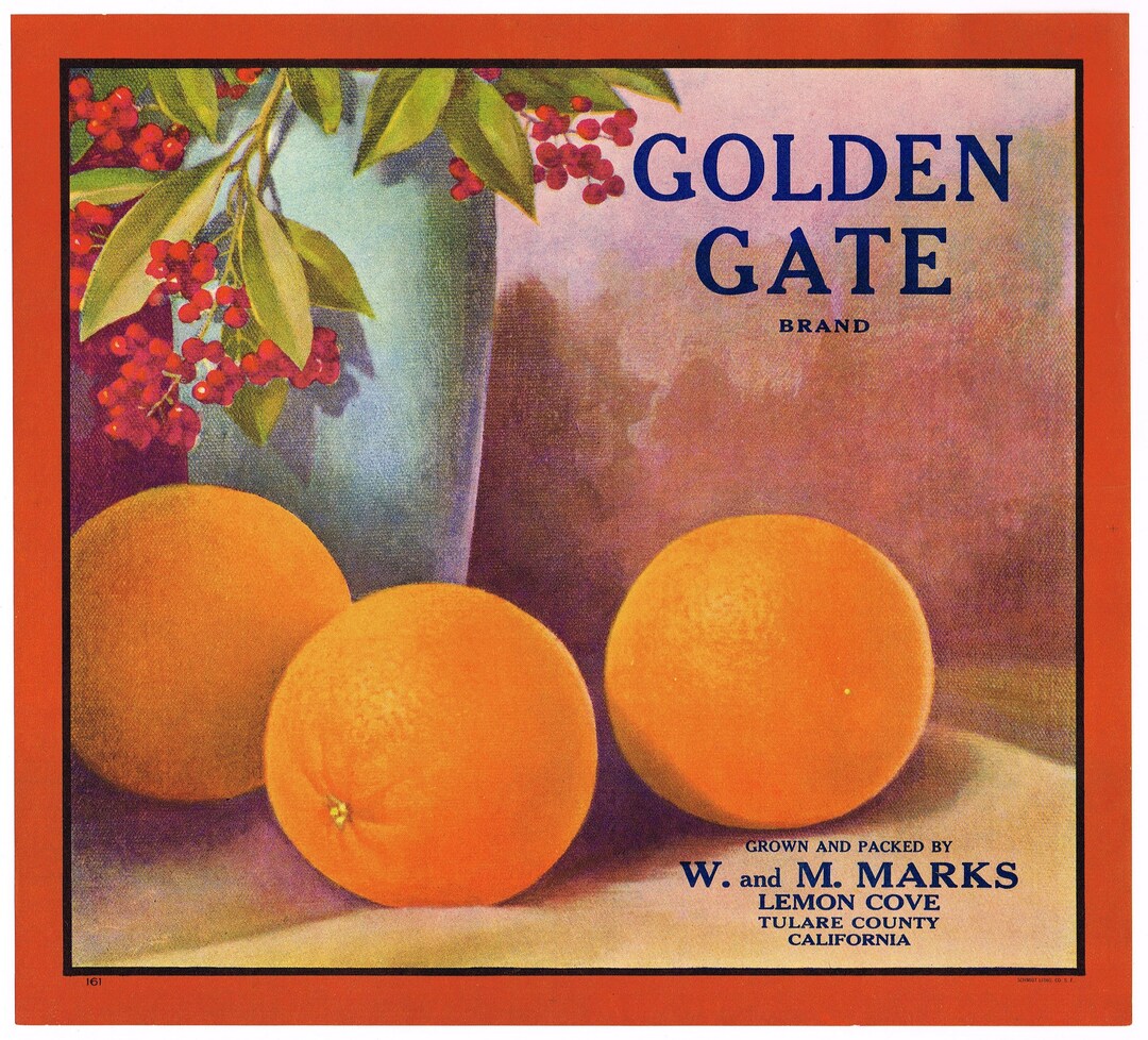 Original Vintage Orange Citrus Crate Label 1940s Golden Gate Still Life ...