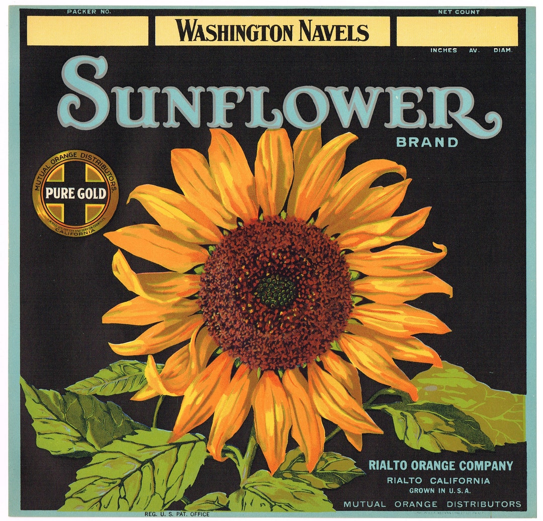 Original Vintage Orange Citrus Crate Label 1930s Sunflower Rialto ...