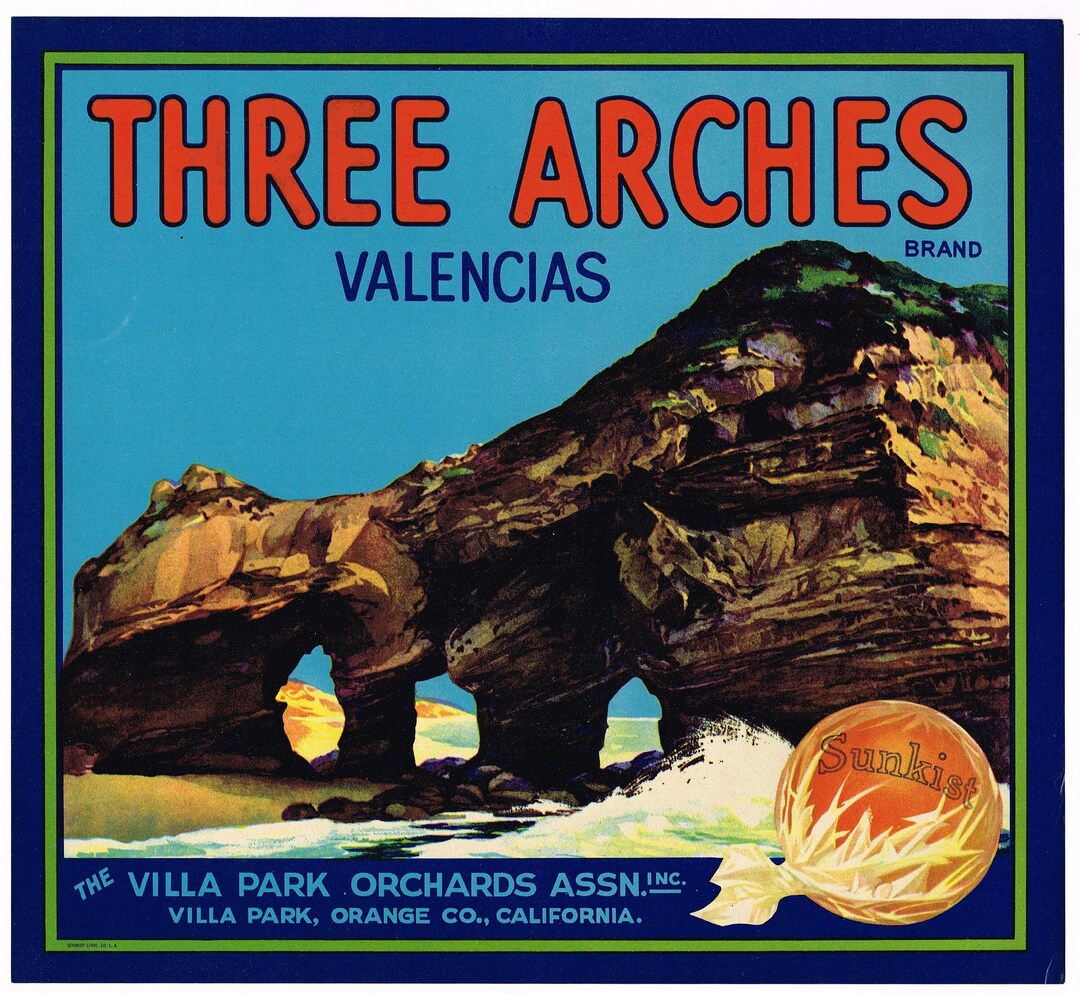 Original Vintage Citrus Crate Label 1930s Three Arches California Villa ...