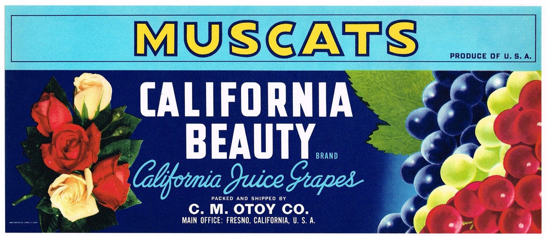Original Vintage Muscat Grape Crate Label 1950s California Beauty Roses ...