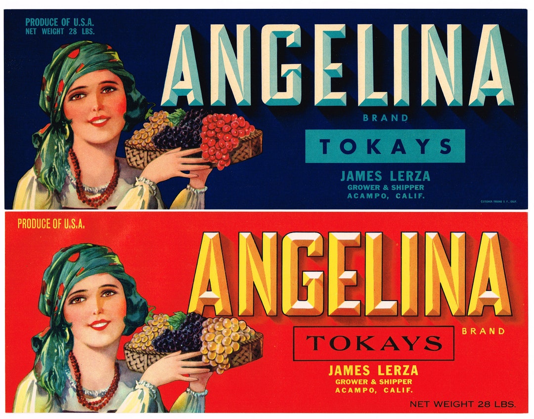 2 Original Vintage Grape Crate Label 1950s Angelina Tokays Wine Vinter ...