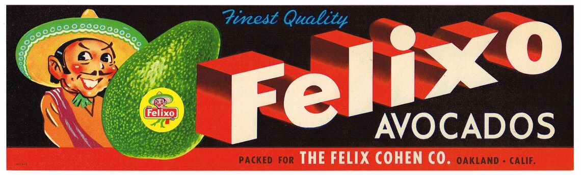 Original Vintage Avocado Crate Label 1950s Felixo Mexican Sombrero ...