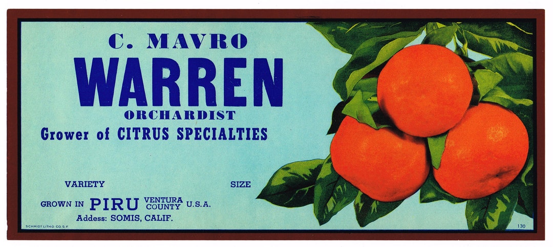 Original Vintage Citrus Crate Label 1940s Ventura County California 1/2 ...