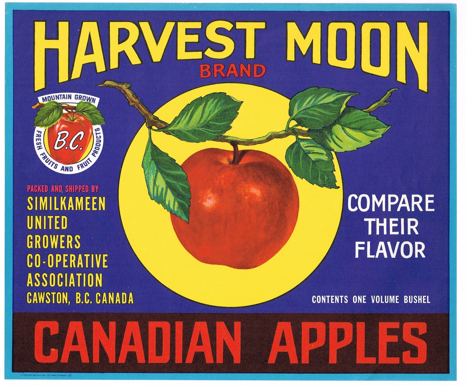 Original vintage apple crate label 1950s Harvest Moon Cawston | Etsy