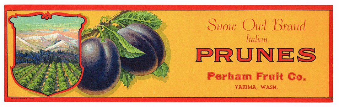 Original Vintage Prune Crate Label 1940s Snow Owl Brand Yakima - Etsy
