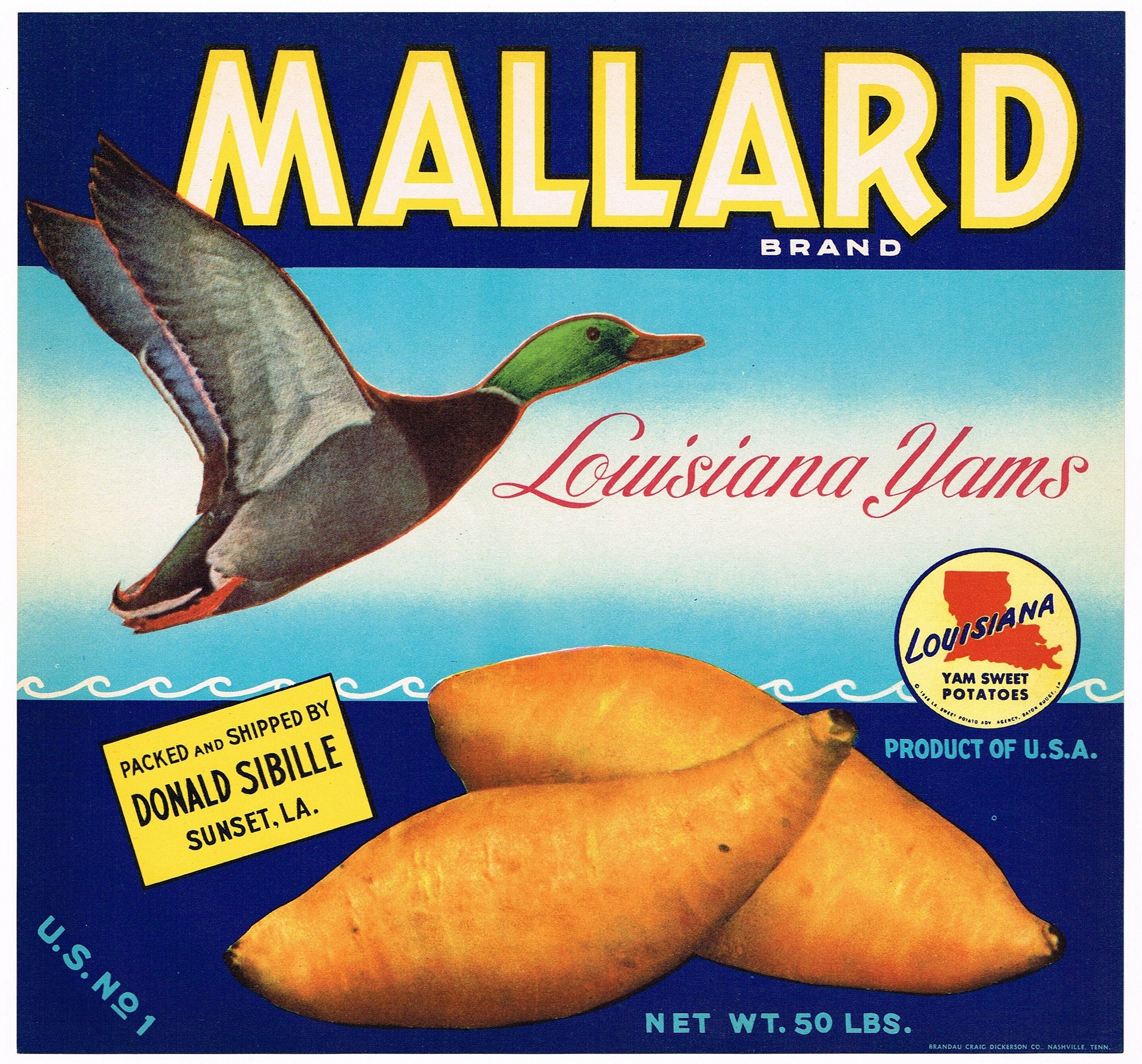 Original Vintage Yam Crate Label 1950s Sunset Louisiana Mallard Duck in ...
