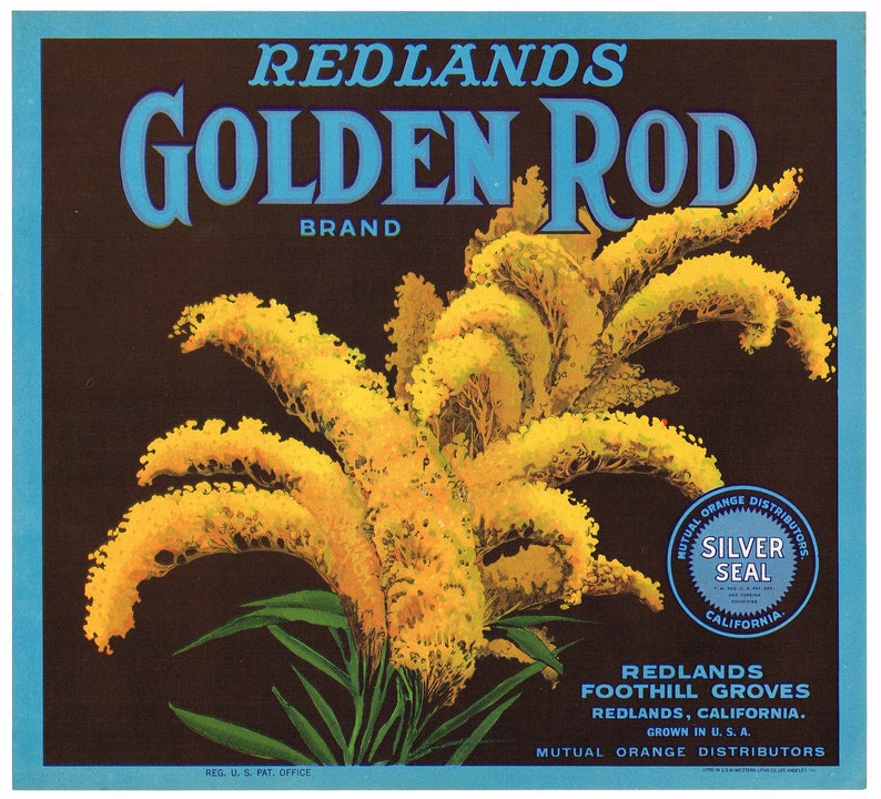 Original Vintage Orange Citrus Crate Label 1940s Redlands Golden Rod ...