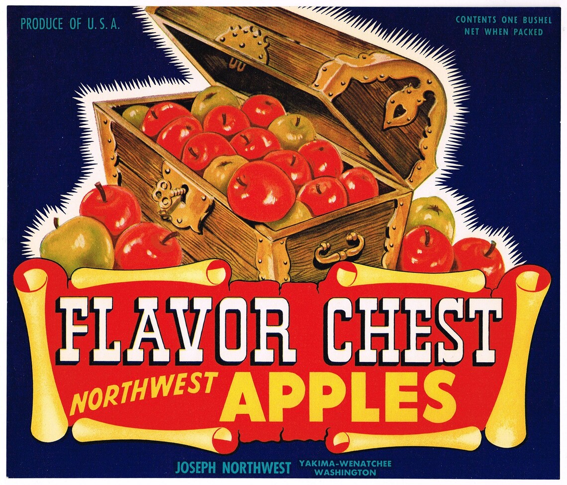 Original Vintage Apple Crate Label 1950s Flavor Chest Treasure ...