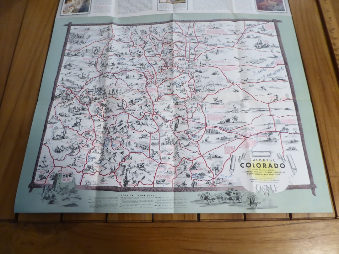 Original Rare Antique Vintage 1942 Colorful Colorado Pictorial Map ...