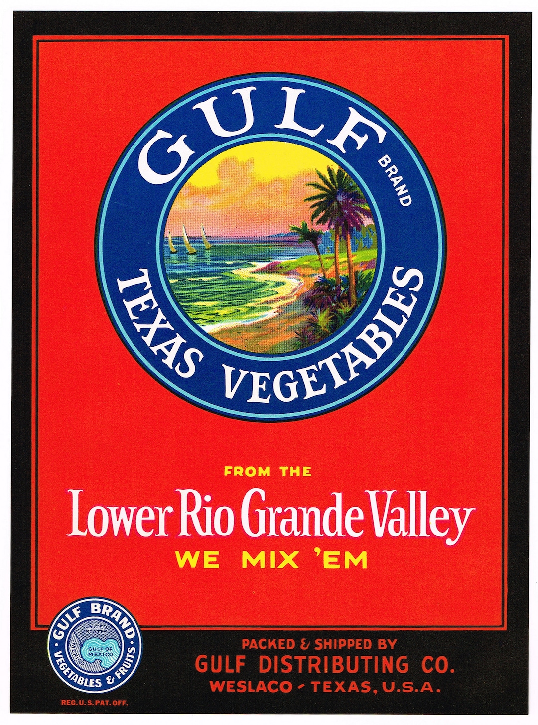 Original Vintage Vegetable Crate Label 1940s Gulf of Mexico Texas ...