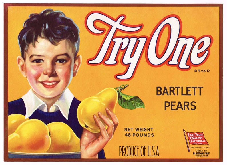 Original Vintage Pear Crate Label 1930s Try One San Francisco | Etsy