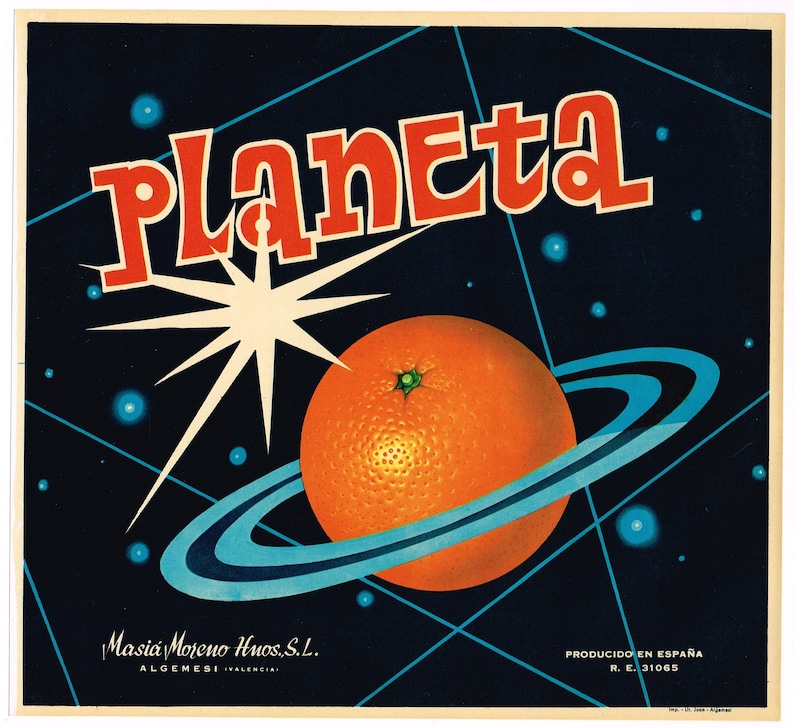 Original Vintage Spanish Citrus Crate Label C1950s Spain Planeta Planet ...