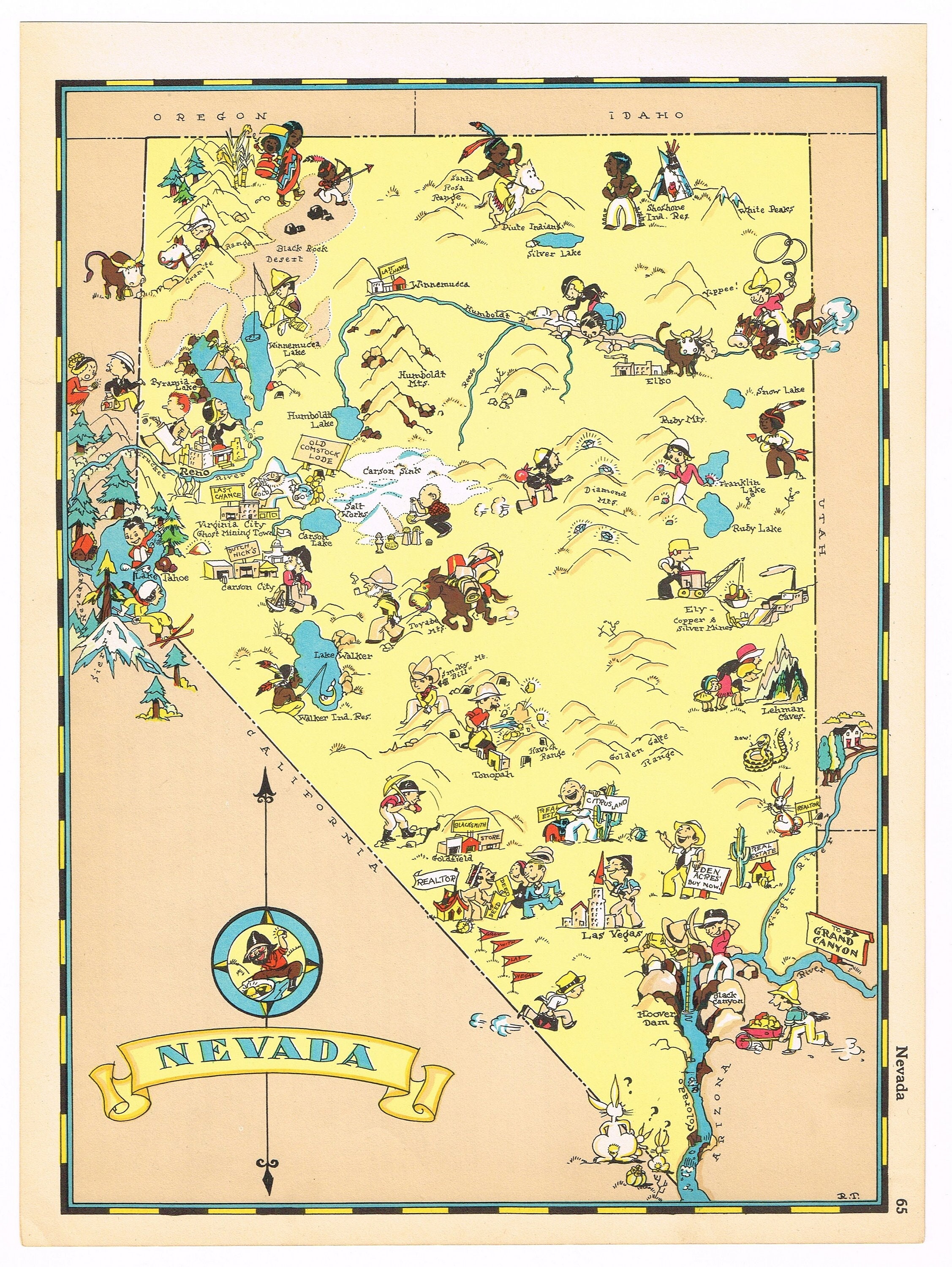 Original Scarce Vintage Ruth Taylor Map Cartoon Pictorial 1935 Nevada ...