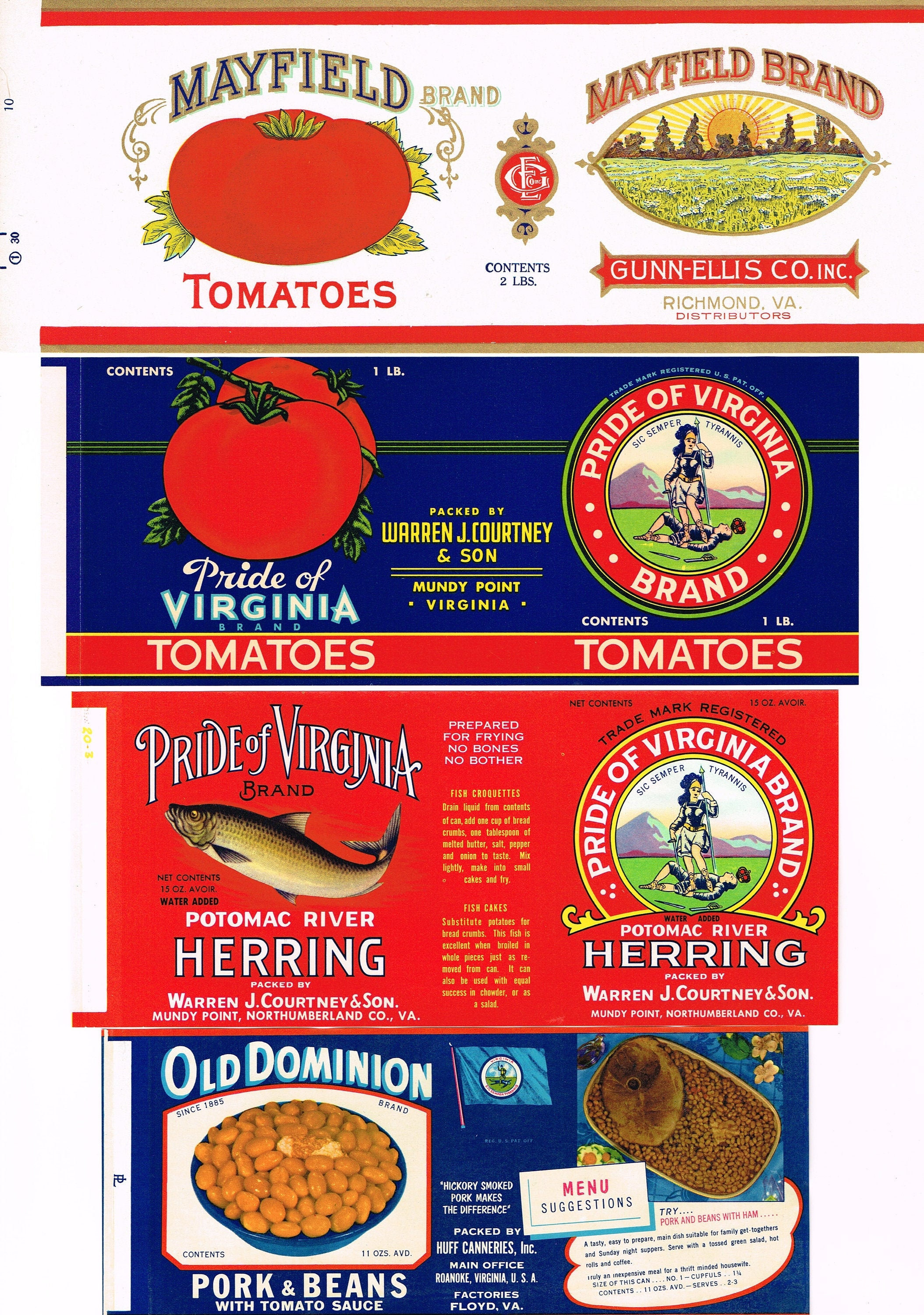 Lot of 4 Original Virginia Vintage Tin Can Labels C1950s Richmond ...