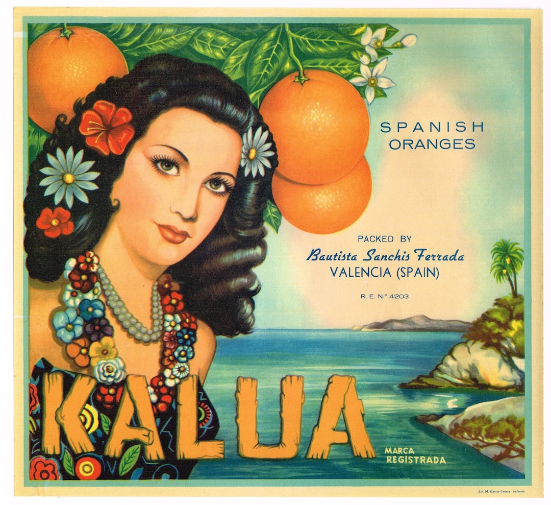 Original Vintage Spanish Citrus Crate Label 1940s Kalua Oranges ...