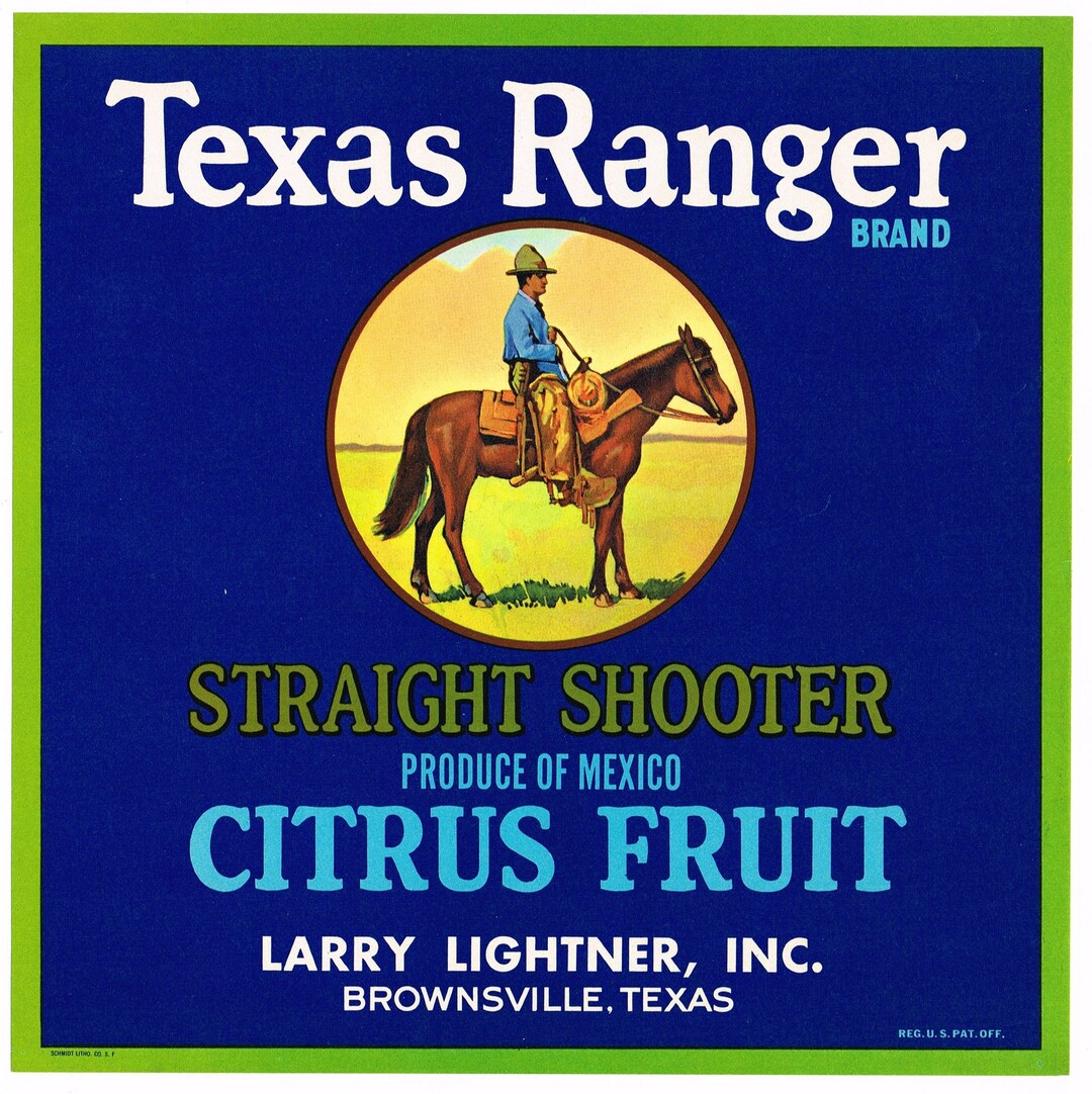 Original Vintage Texas Citrus Crate Label C1950 Texas Ranger Straight ...