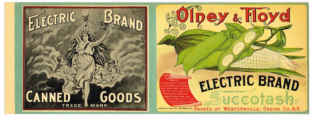 Original Vintage Tin Can Label 1910s Electric Electricity Succotash ...